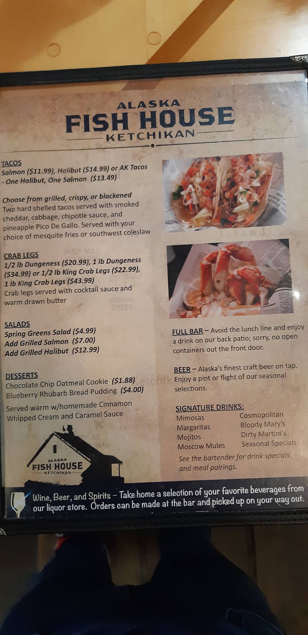 Menu at The Alaska Fish House restaurant, Ketchikan, 3 Salmon Landing