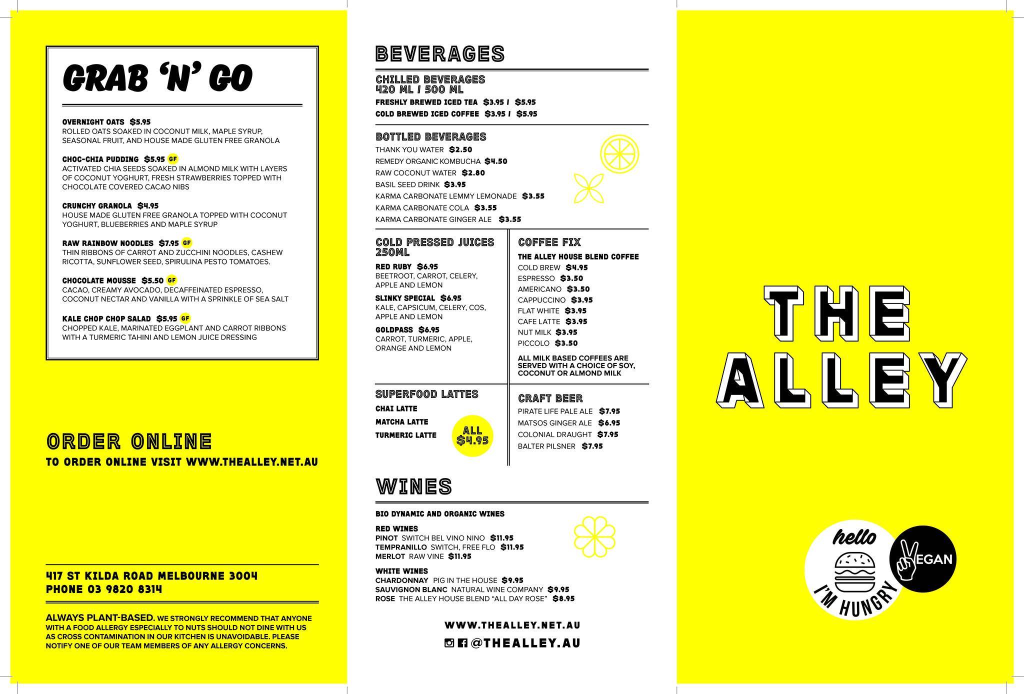 Menu at The Alley cafe, Melbourne