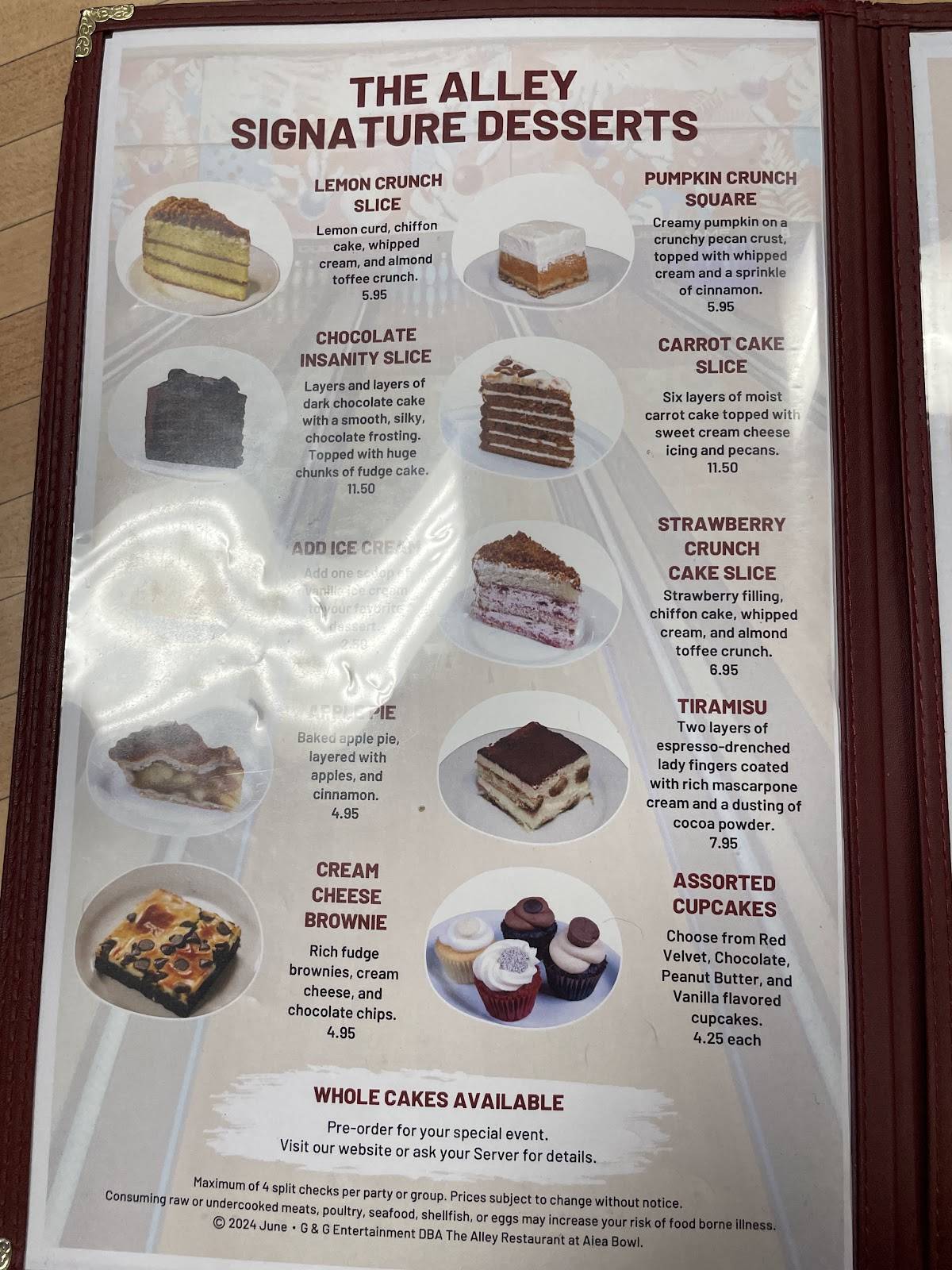 Menu at The Alley Restaurant at Aiea Bowl, Aiea