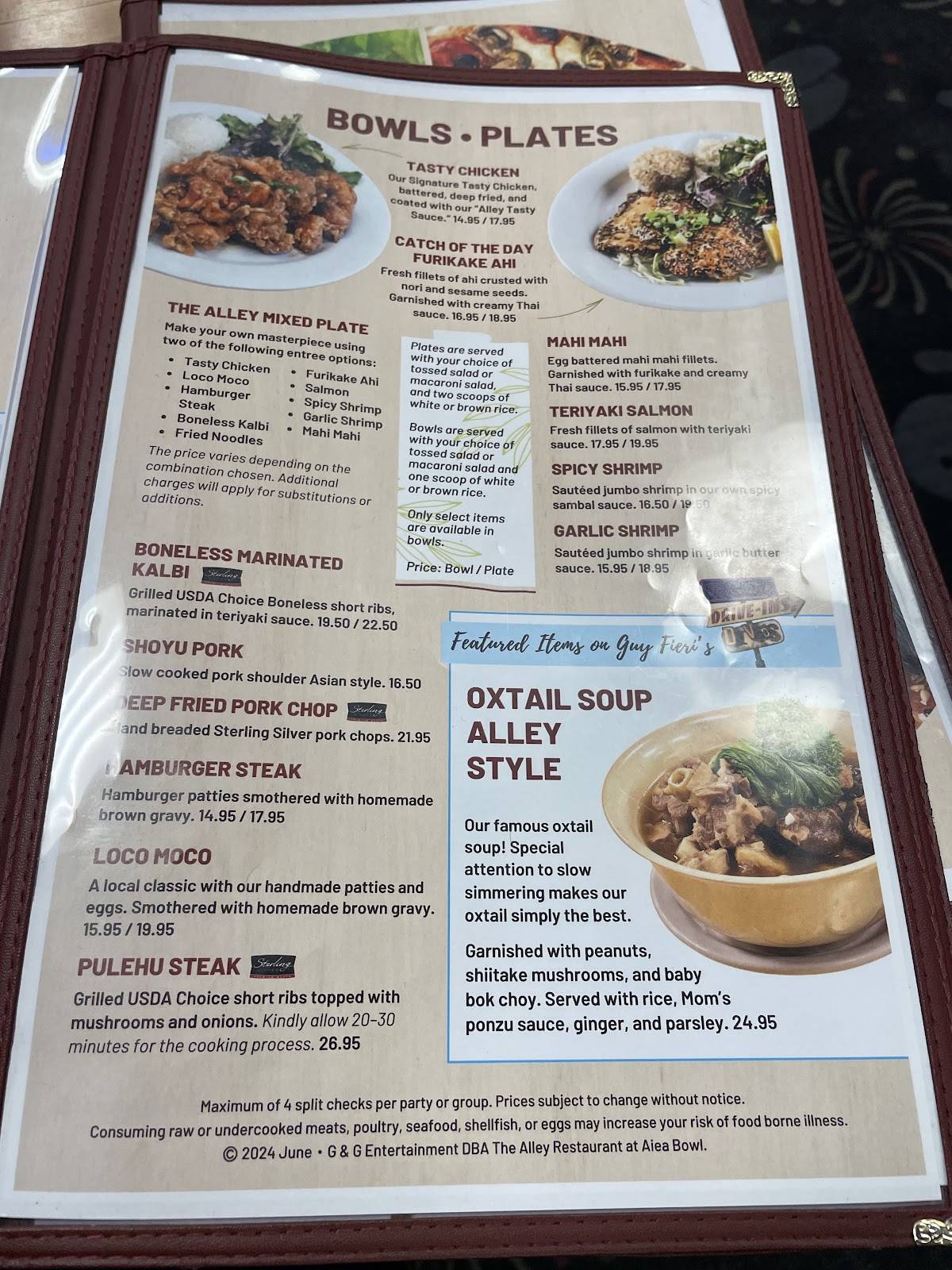 Menu at The Alley Restaurant at Aiea Bowl, Aiea