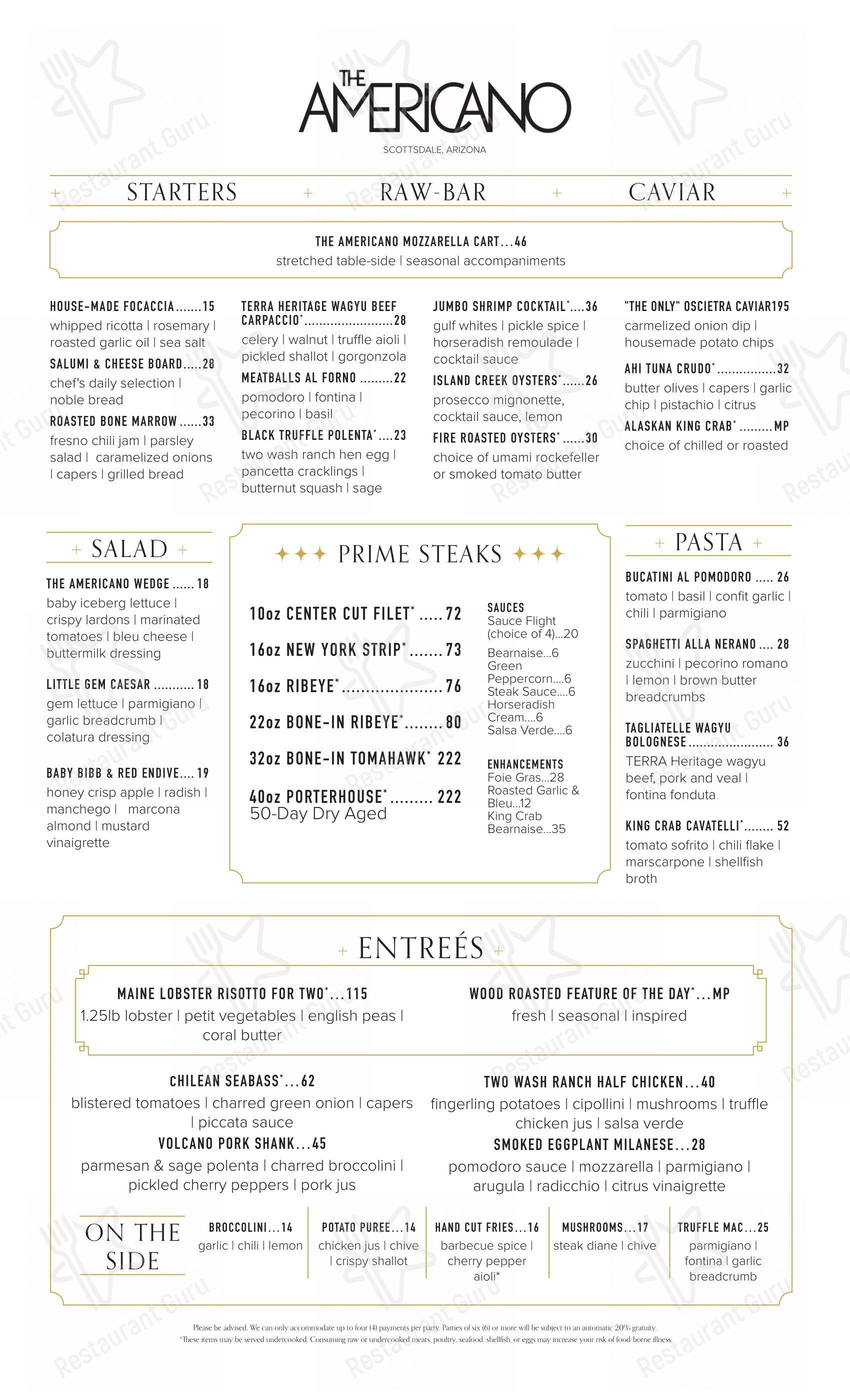 Menu at The Americano Restaurant, Scottsdale