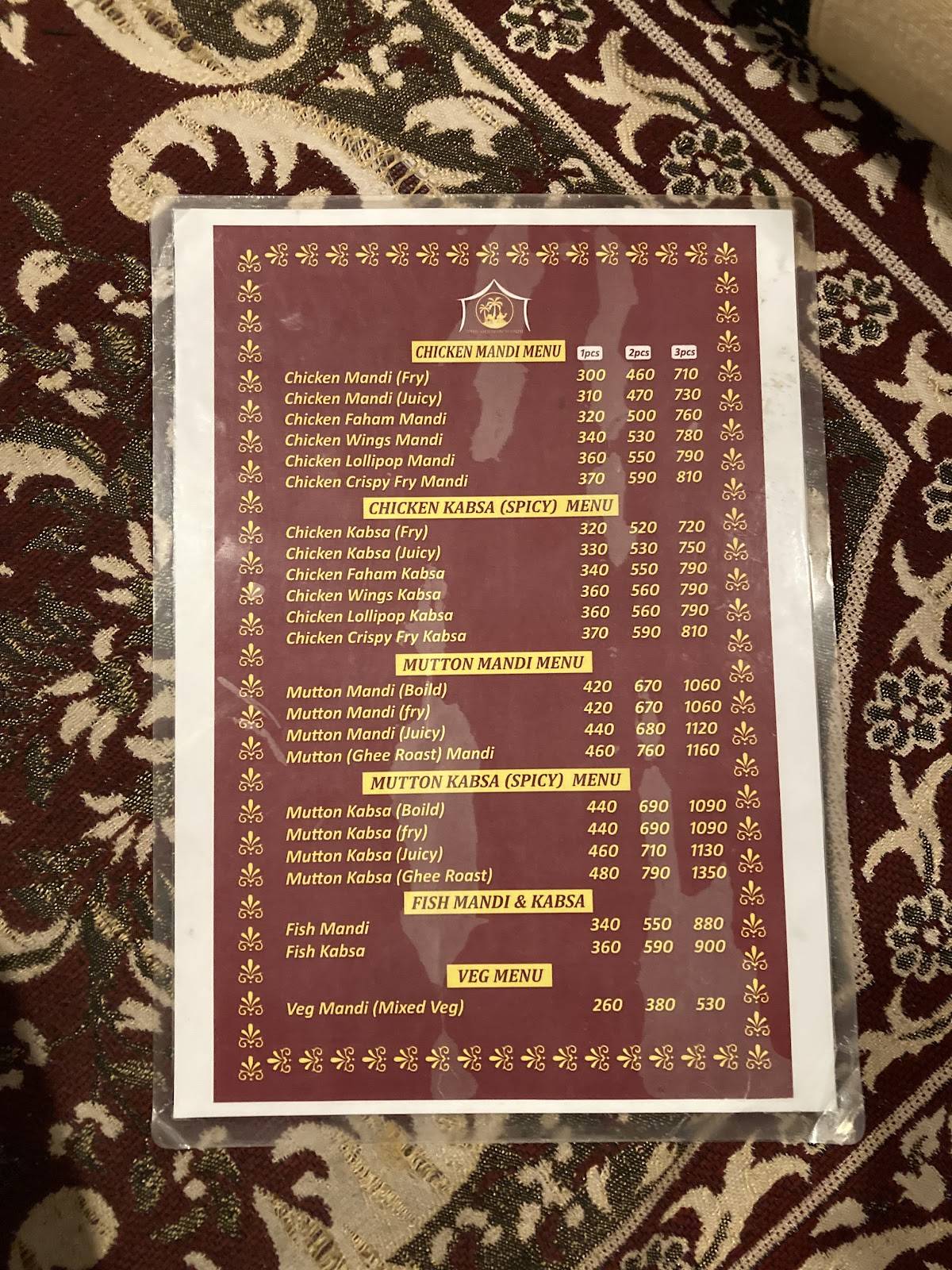 Menu at The Arabian Mandi, Secunderabad, Andrews school