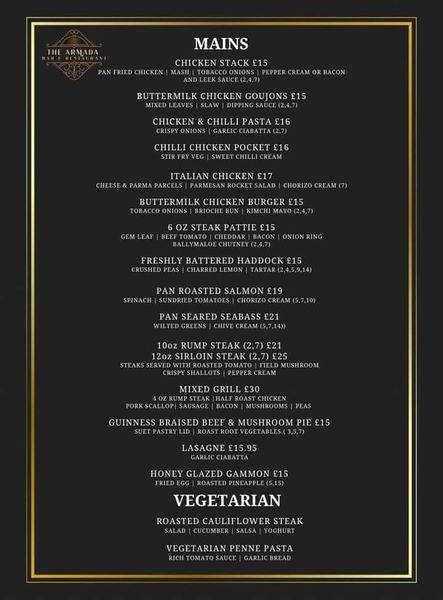 Menu at The Armada Bar & Restaurant, Armoy
