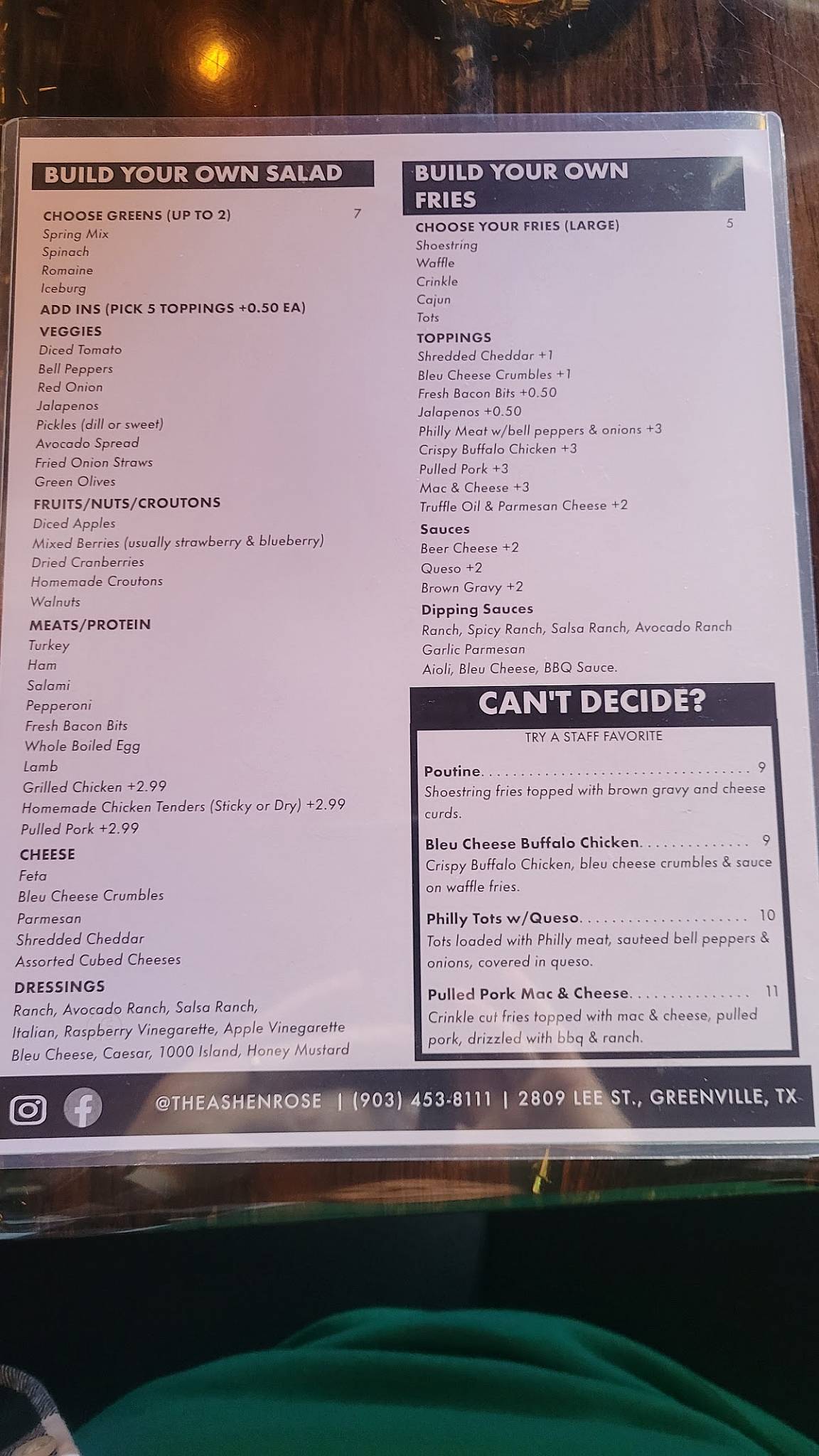 Menu at The Ashen Rose pub & bar, Greenville
