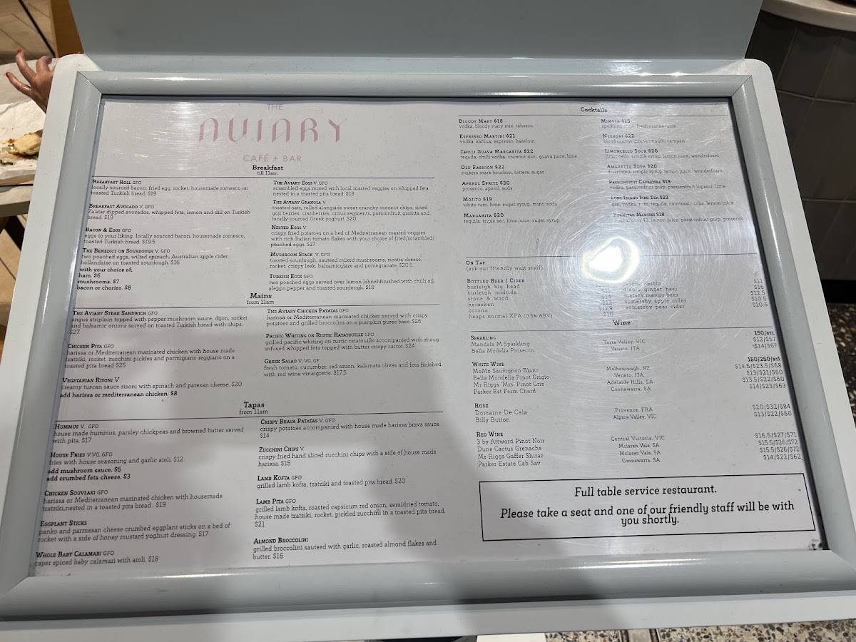 Menu at The Aviary Cafe Bar, Brisbane Airport