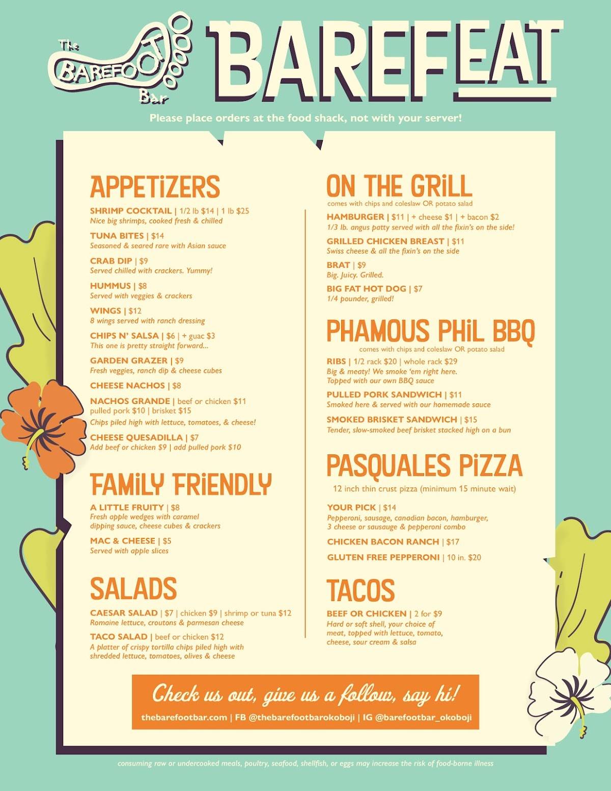 Menu at The Barefoot Bar at Okoboji, Okoboji, Stake Out Road