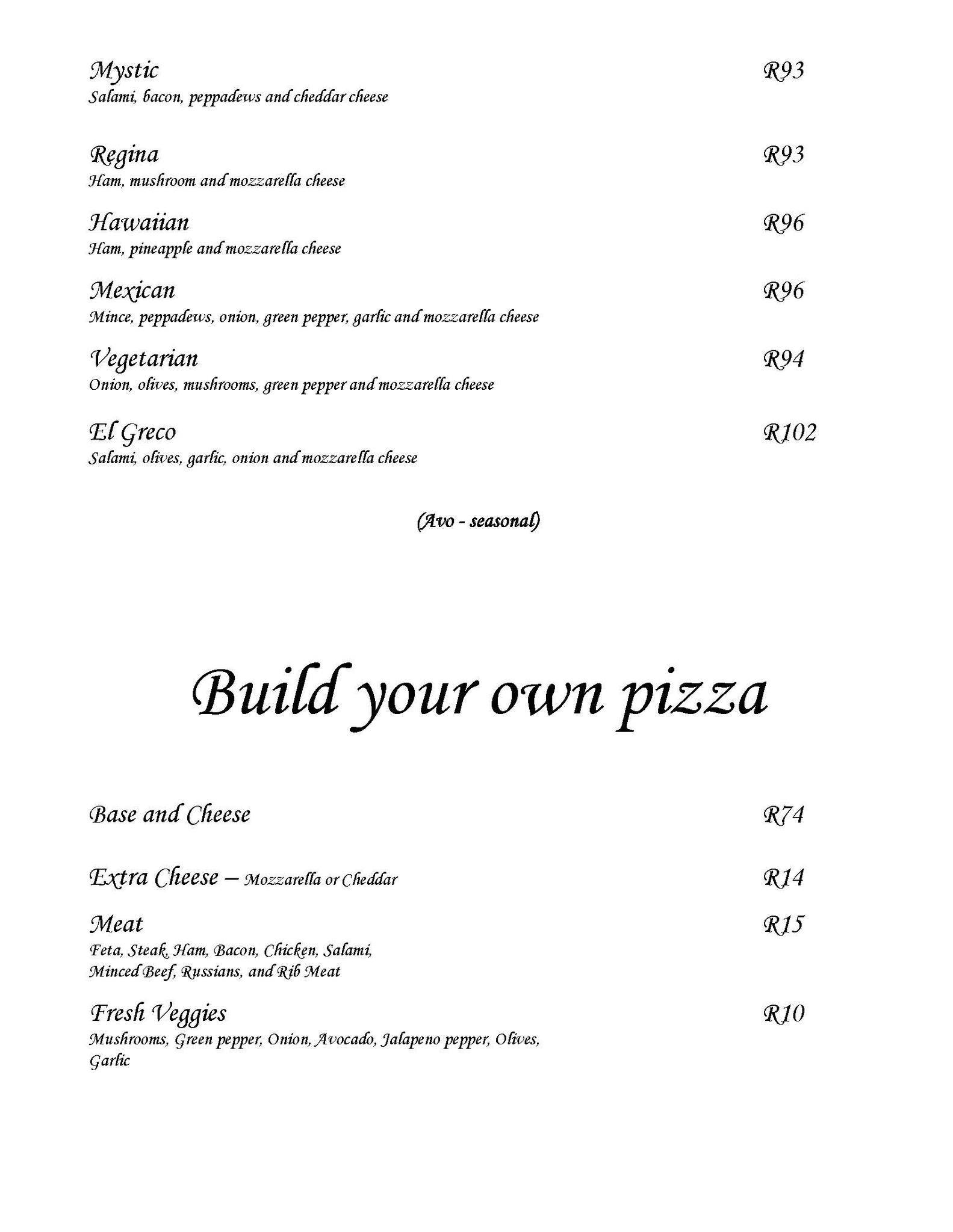 Menu at The Barn Restaurant Caledon, Caledon