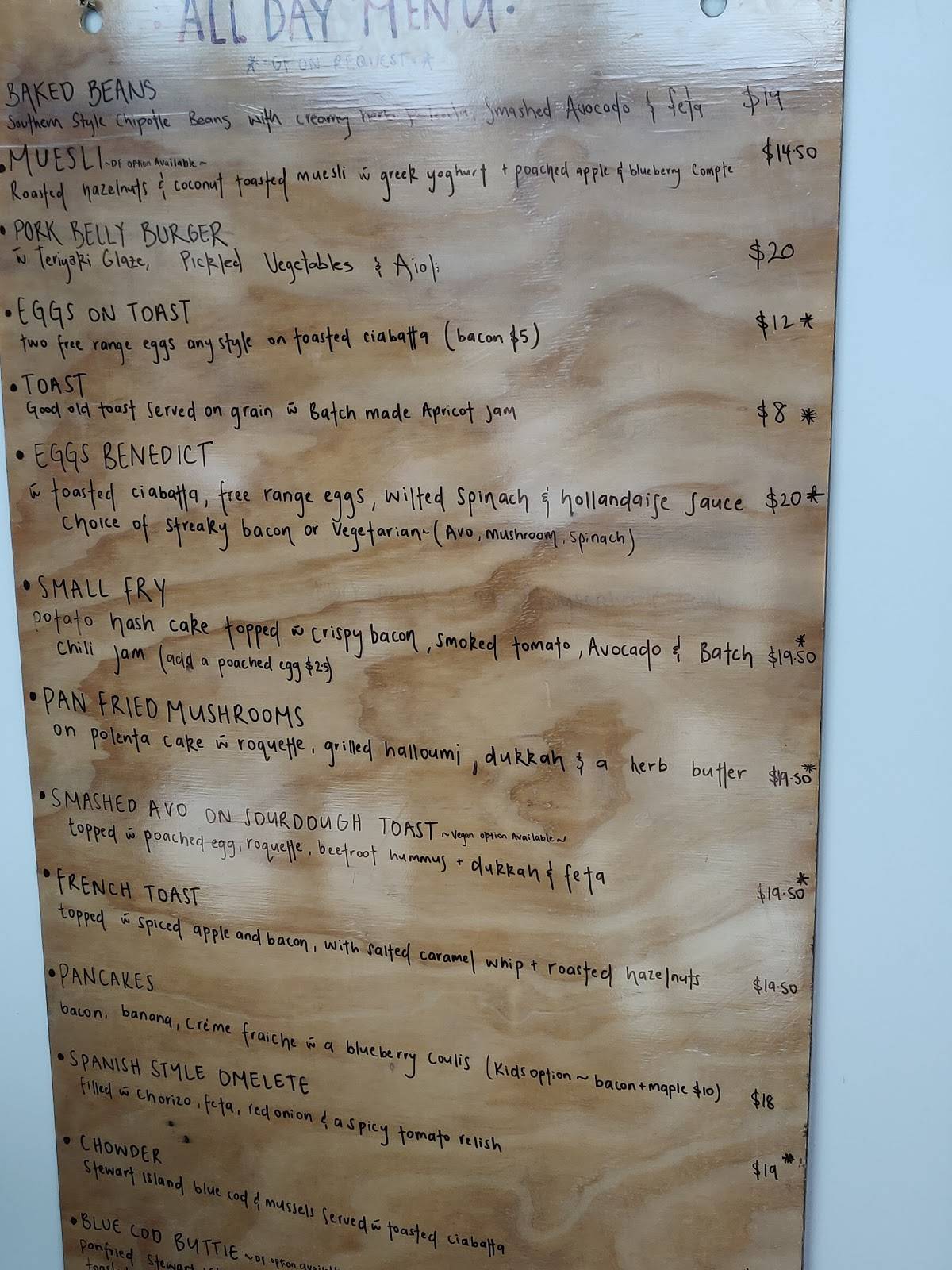 Menu at The Batch Cafe, Invercargill