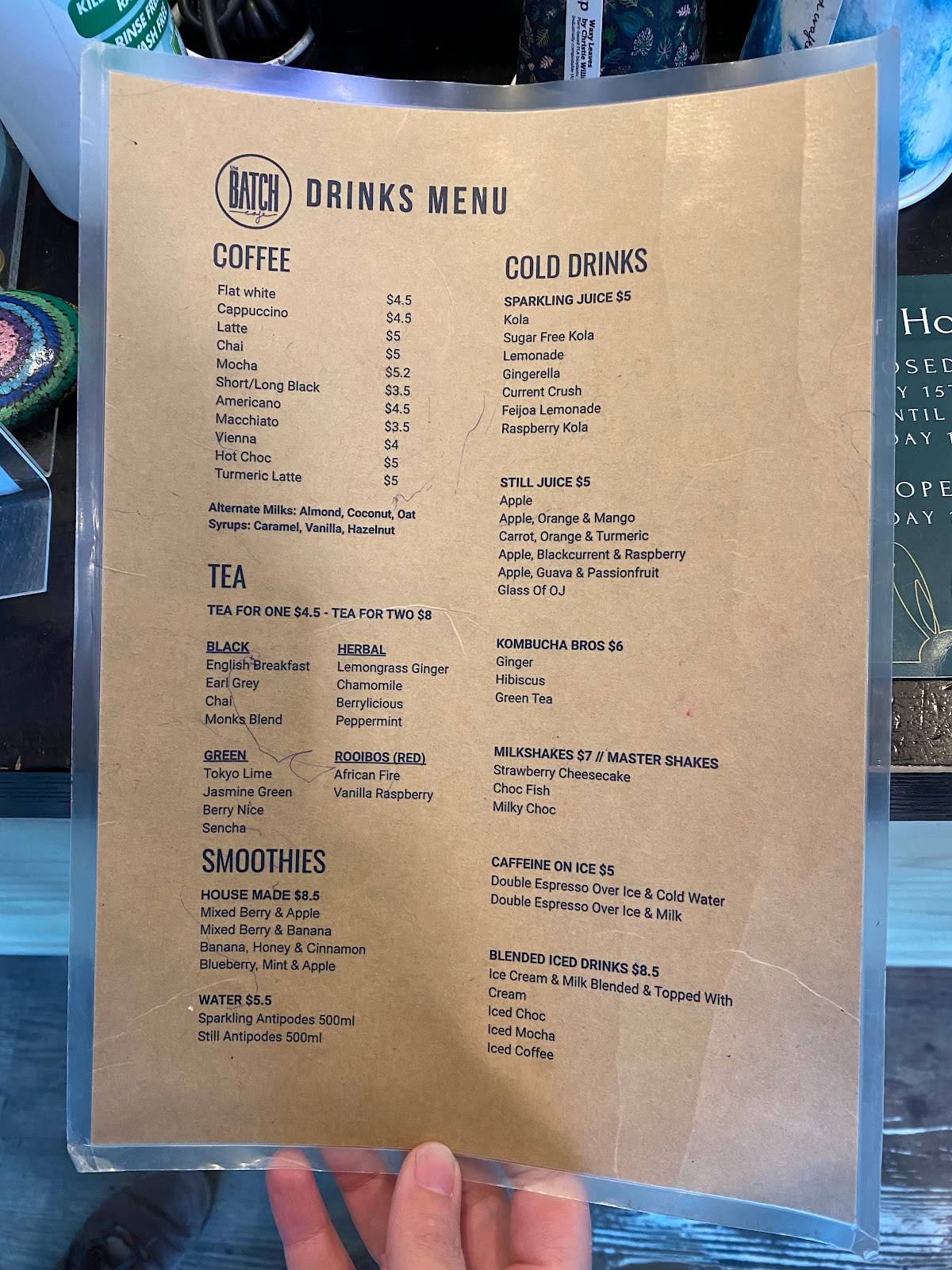 Menu at The Batch Cafe, Invercargill