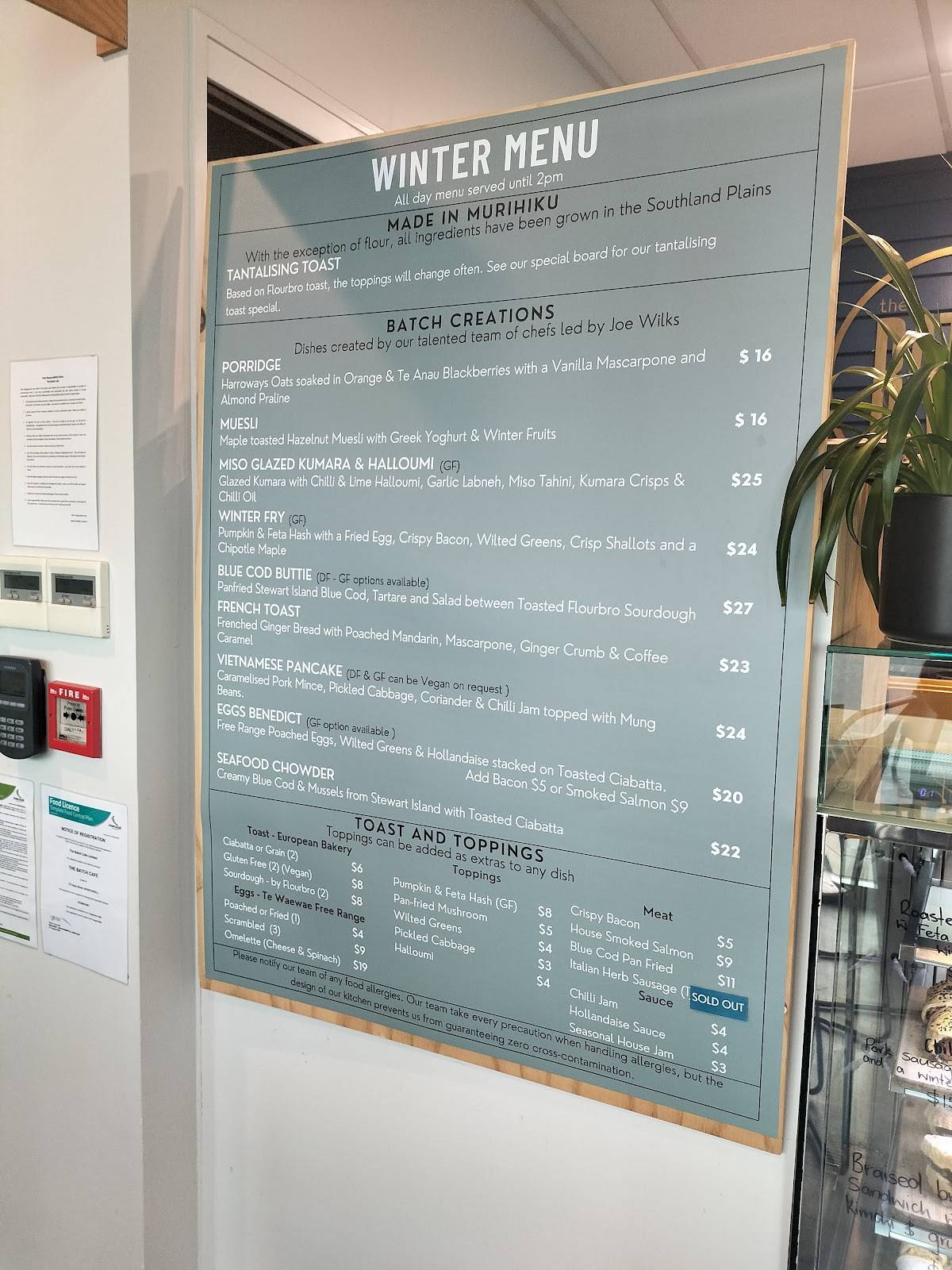 Menu at The Batch Cafe, Invercargill