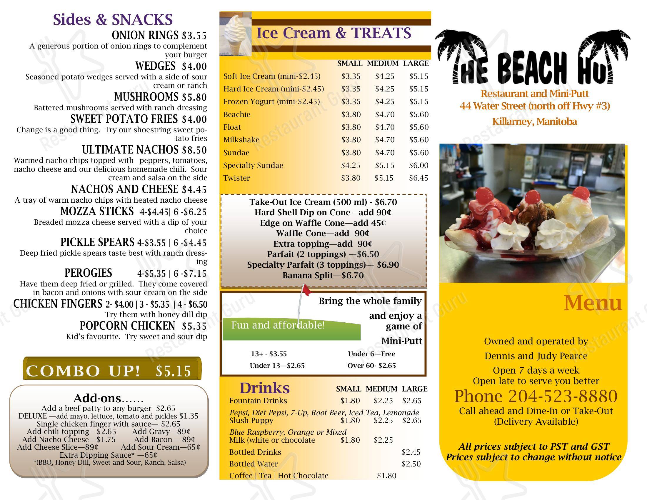 Menu at The Beach Hut restaurant, Killarney, 44 Water Ave