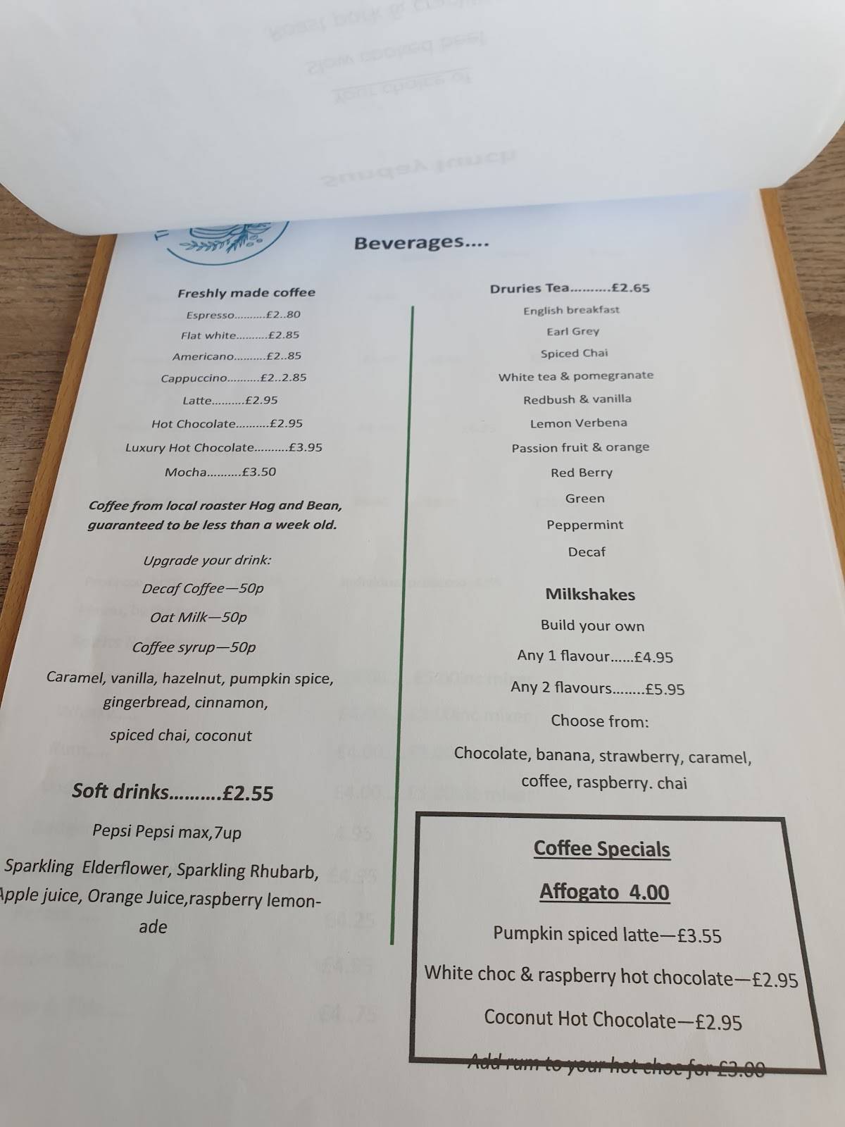 Menu at The Bean&Welly restaurant, Deal
