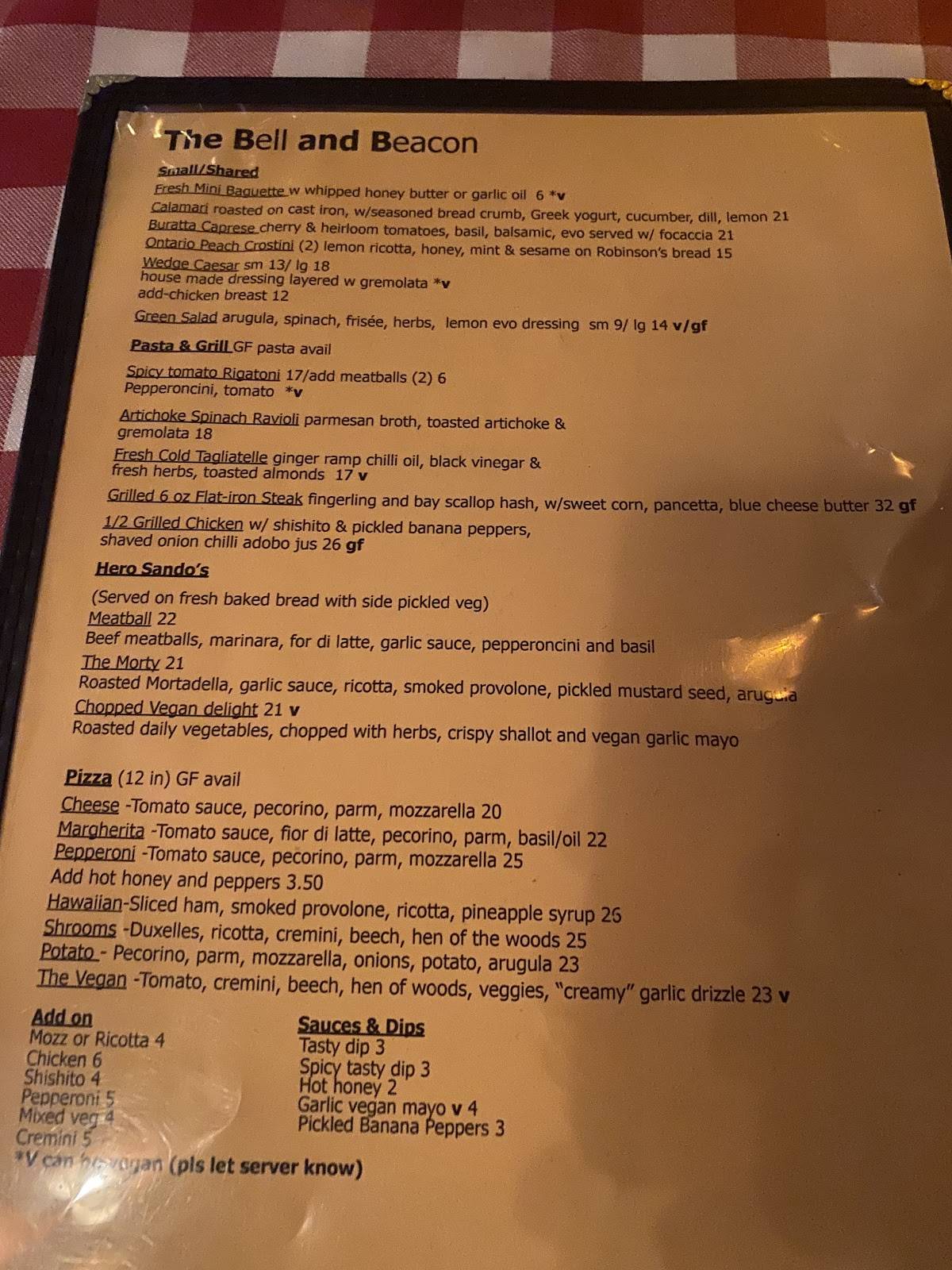 Menu at The Bell & The Beacon restaurant, Toronto