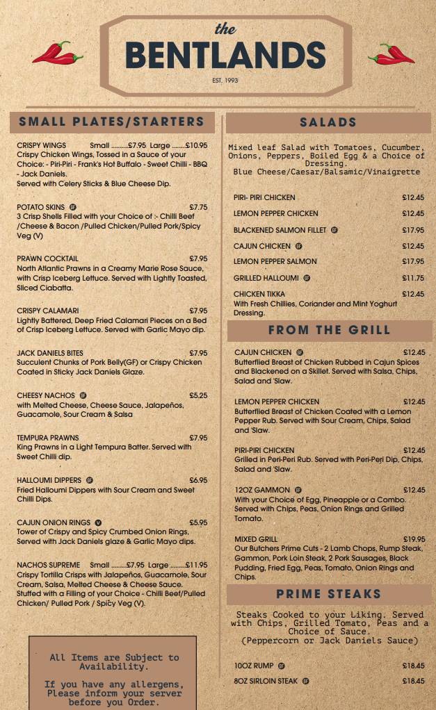 Menu at The Bentlands pub & bar, Wolverhampton
