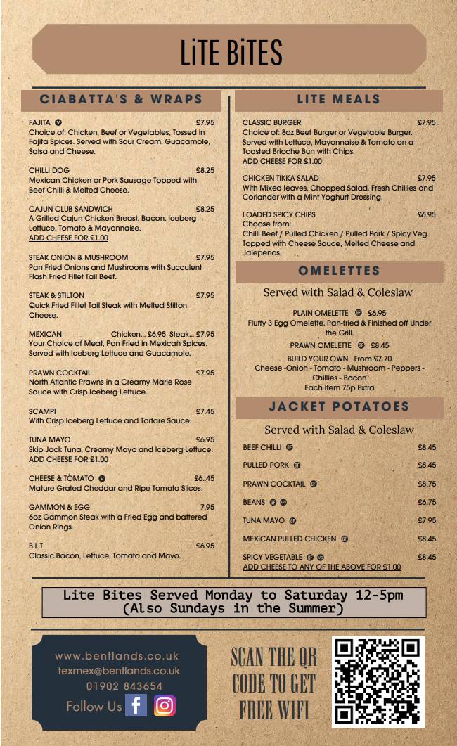 Menu at The Bentlands pub & bar, Wolverhampton
