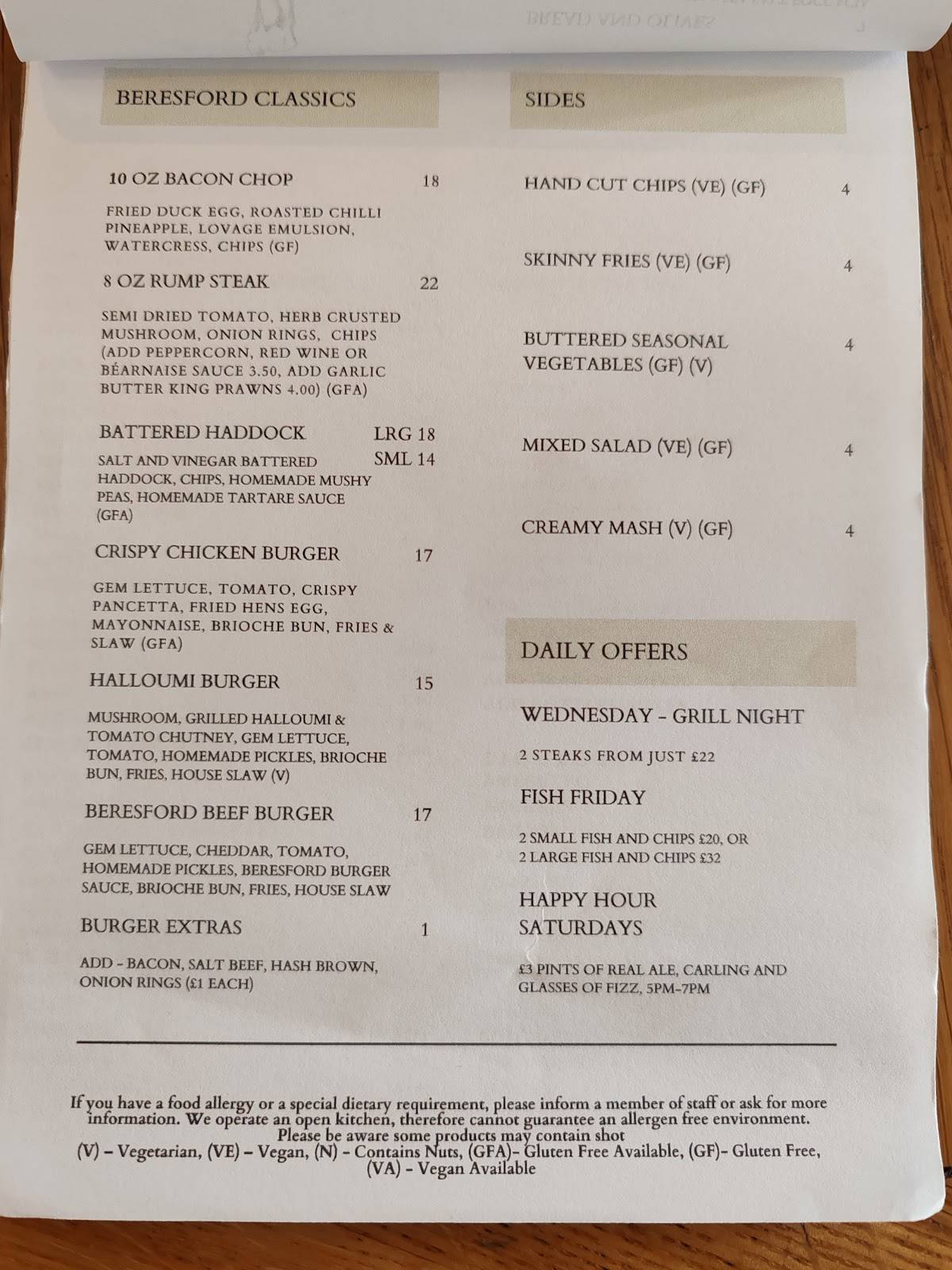 Menu at The Beresford Arms pub & bar, Whalton