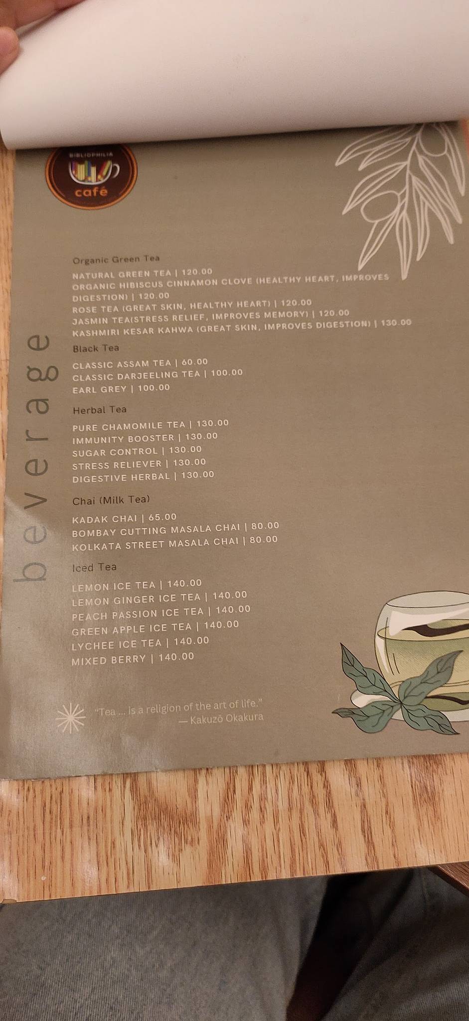 Menu at The Bibliophilia Café, Guwahati