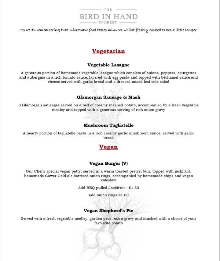 Menu at The Bird In Hand pub & bar, Fforest, 24 Carmarthen Rd