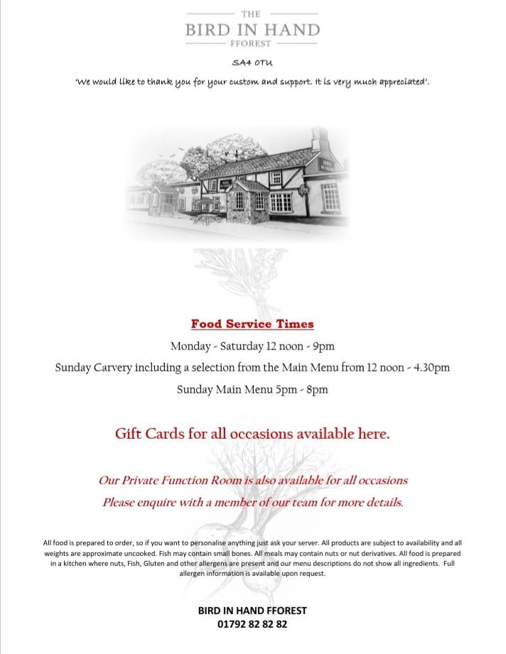Menu at The Bird In Hand pub & bar, Fforest, 24 Carmarthen Rd