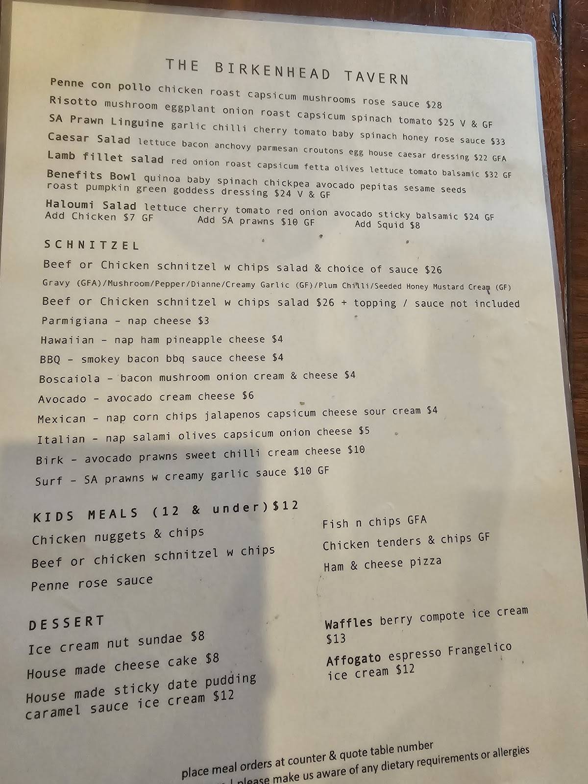 Menu at The Birkenhead Tavern restaurant, Birkenhead, 3/7 Riverview St