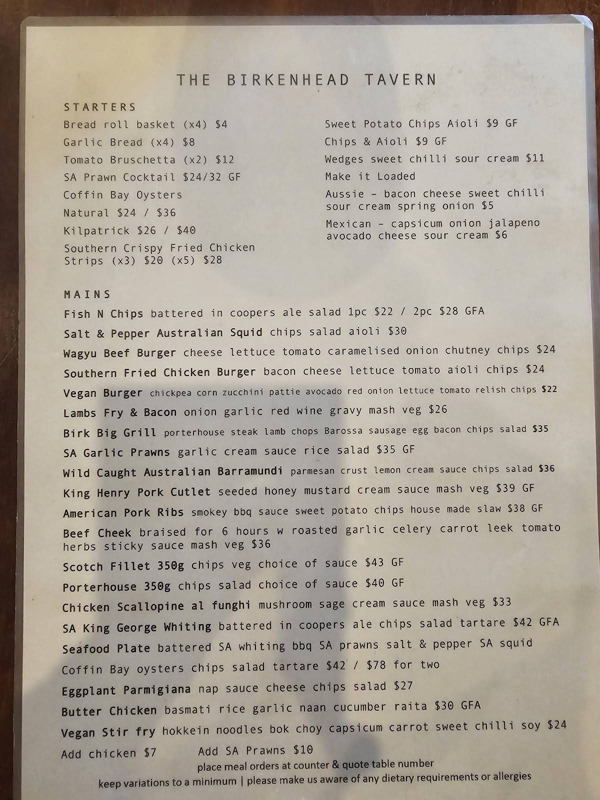 Menu at The Birkenhead Tavern restaurant, Birkenhead, 3/7 Riverview St