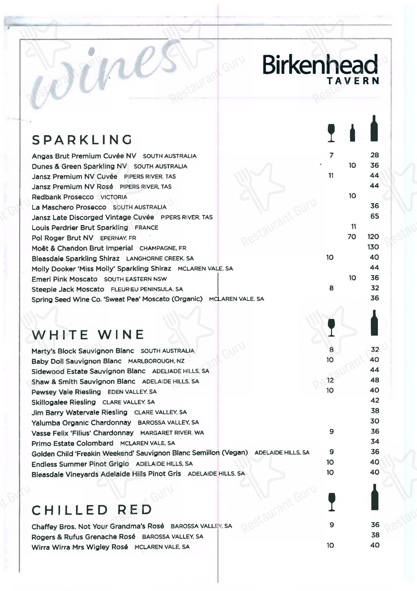 Menu at The Birkenhead Tavern restaurant, Birkenhead, 3/7 Riverview St