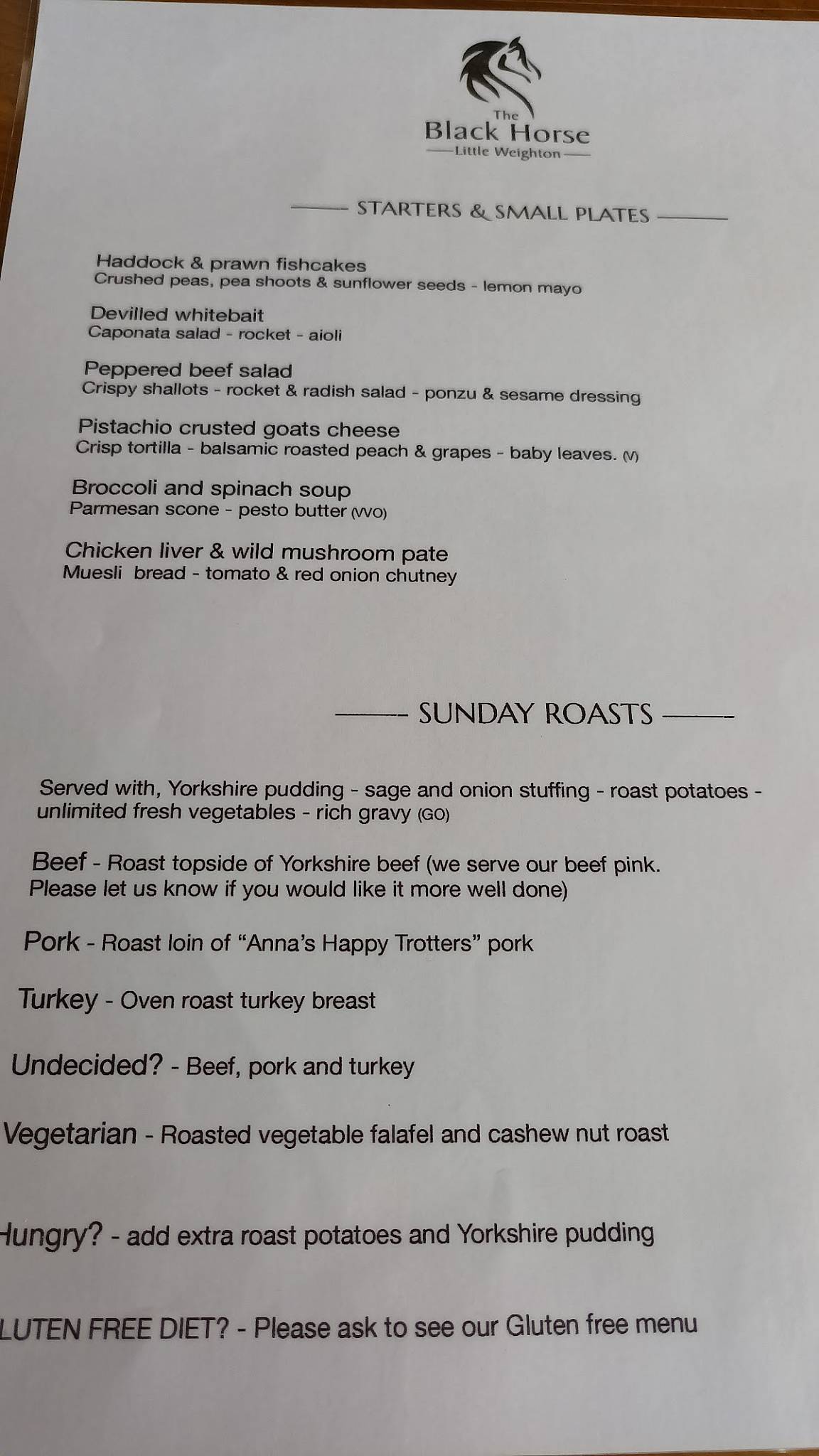 Menu at The Black Horse pub & bar, Rowley, 38 Old Village Rd