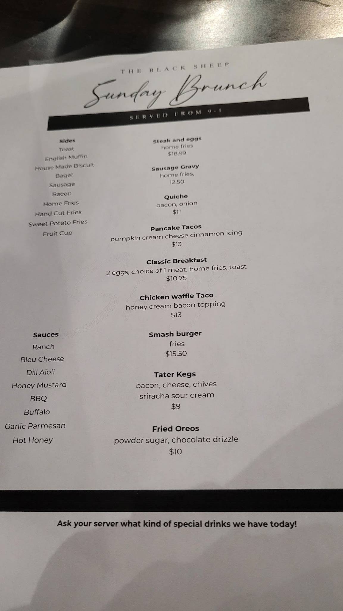 Menu at The Black Sheep Restaurant, Sullivan