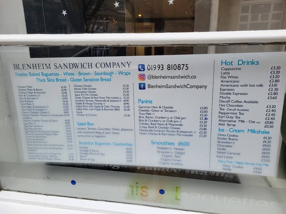 Menu at The Blenheim Sandwich Company, Woodstock
