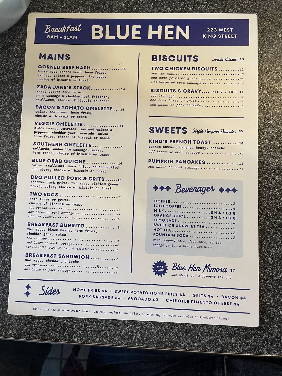 Menu at The Blue Hen Café cafe, St. Augustine