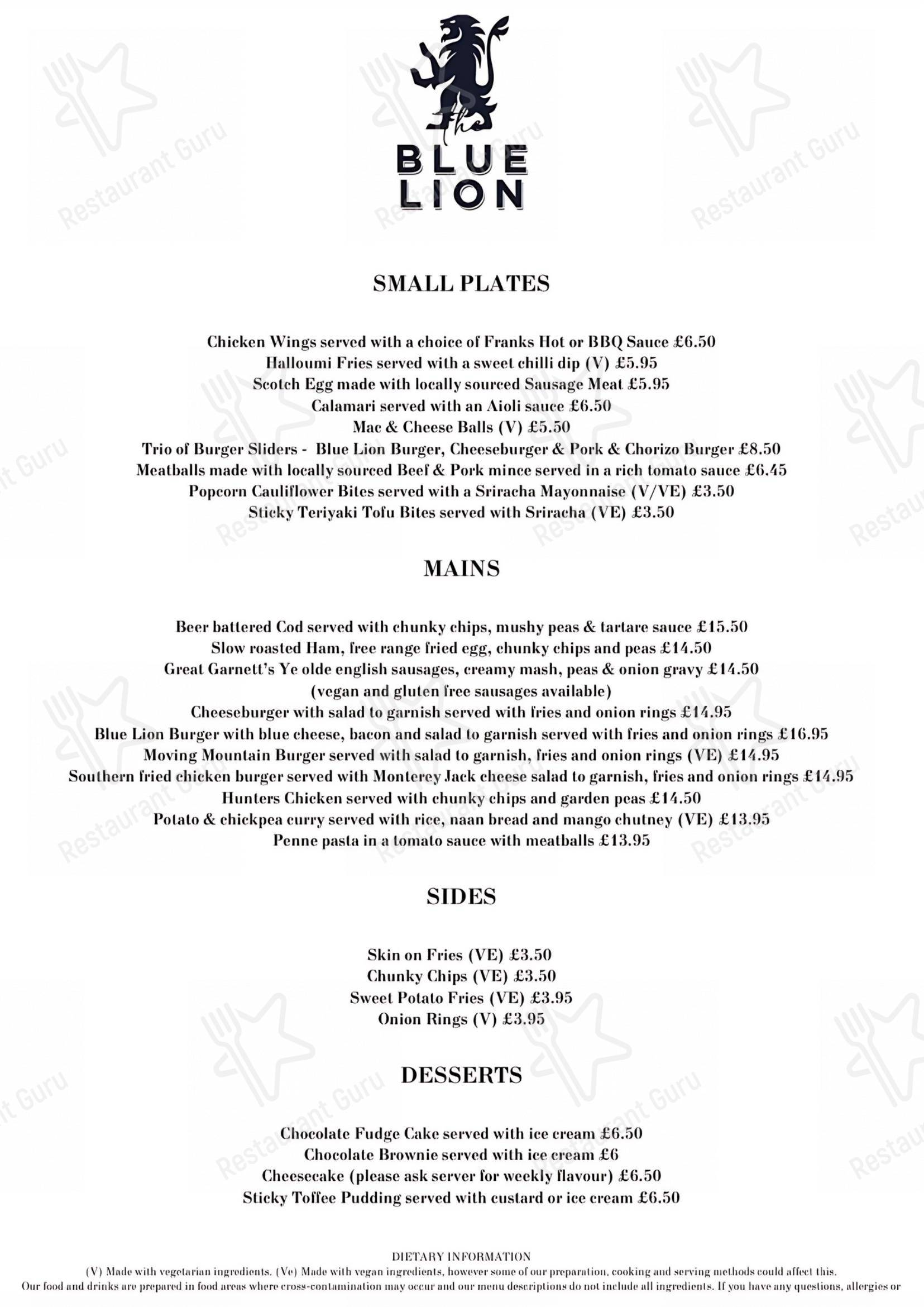 Menu at The Blue Lion pub & bar, Chelmsford