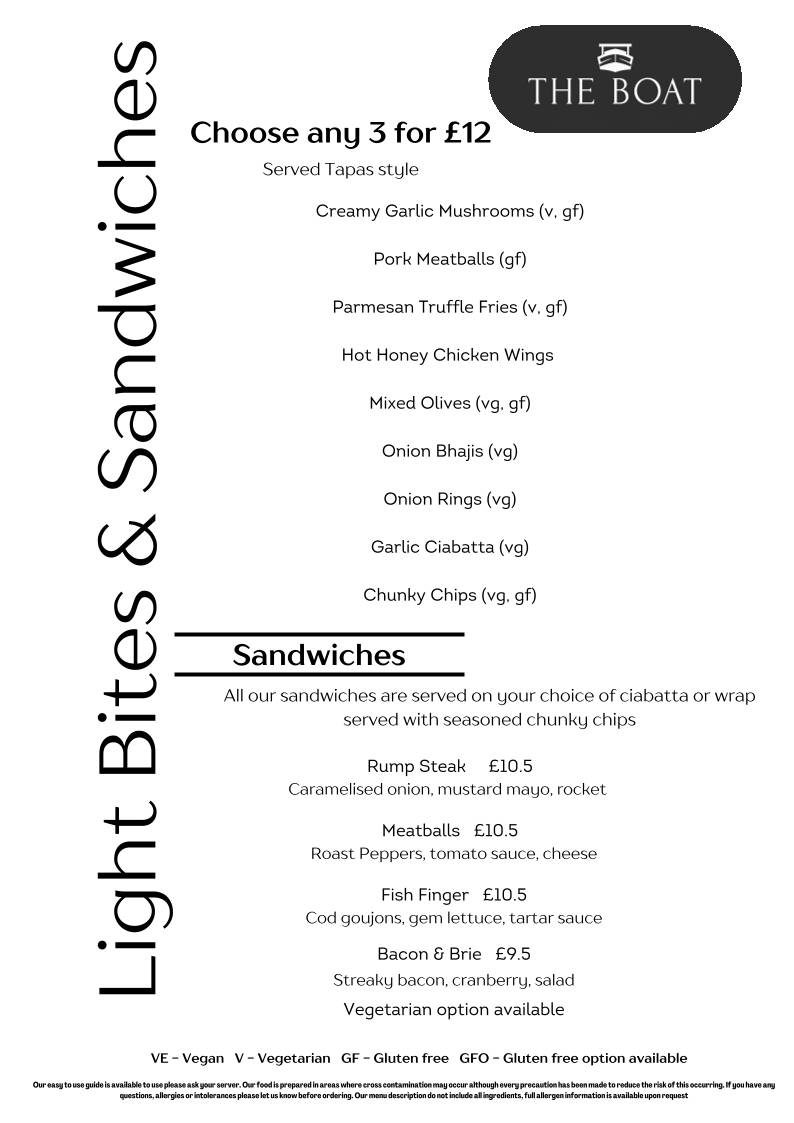 Menu at The Boat Inn Pub, Long Itchington, Birdingbury Wharf