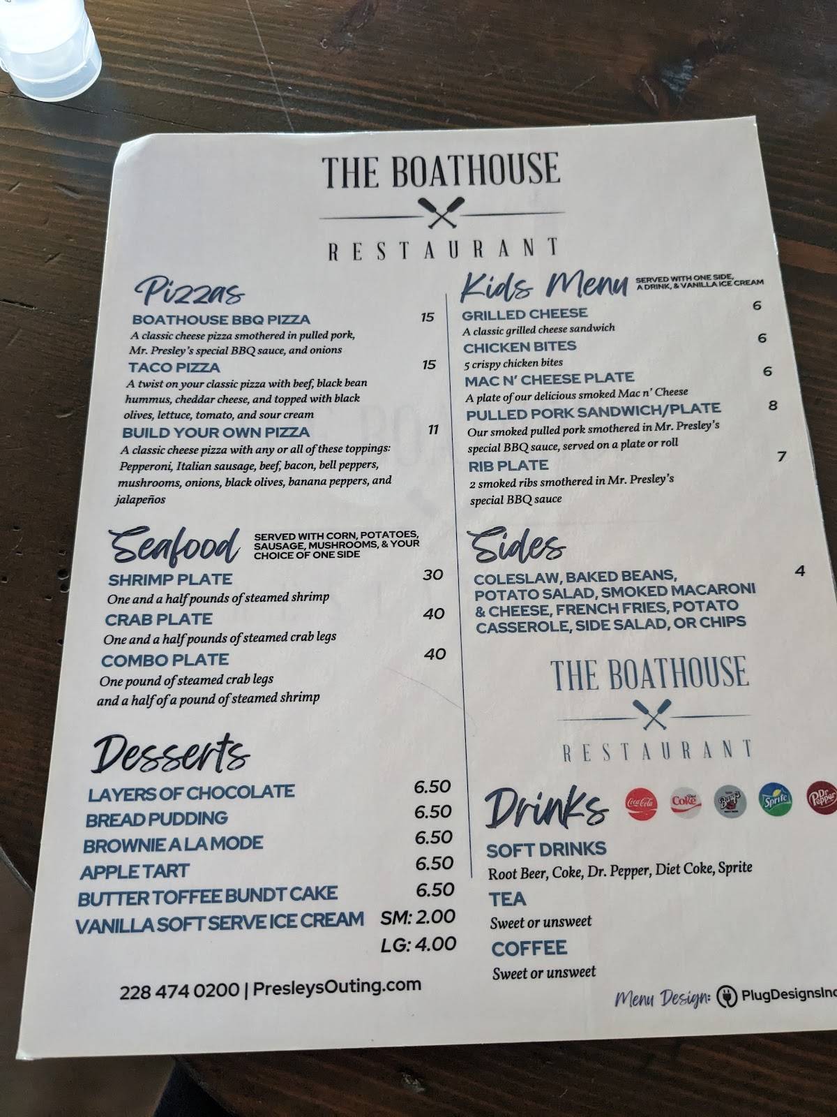 Menu at The Boathouse restaurant, Moss Point