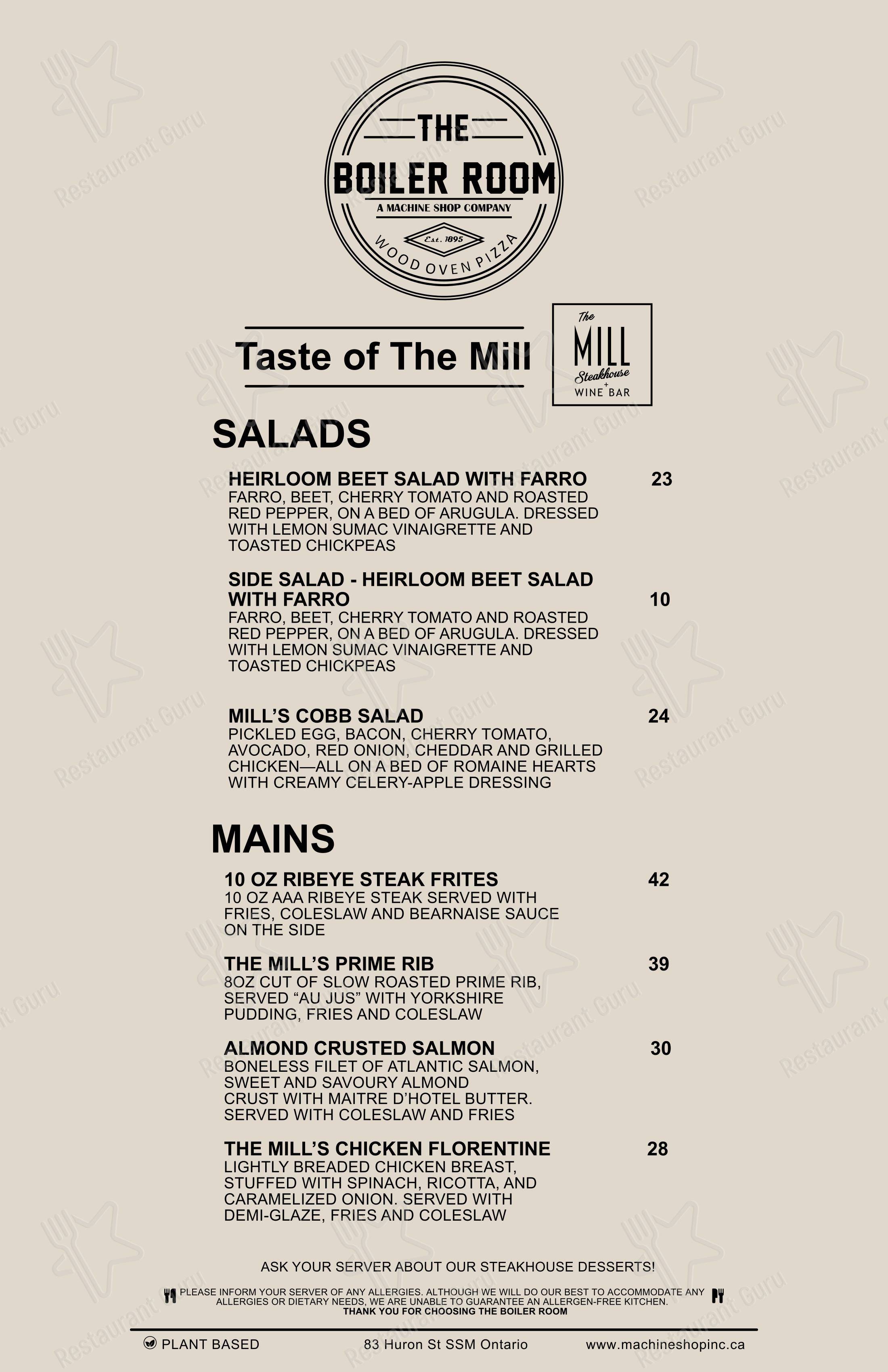 Menu at The Boiler Room pizzeria, Sault Ste. Marie