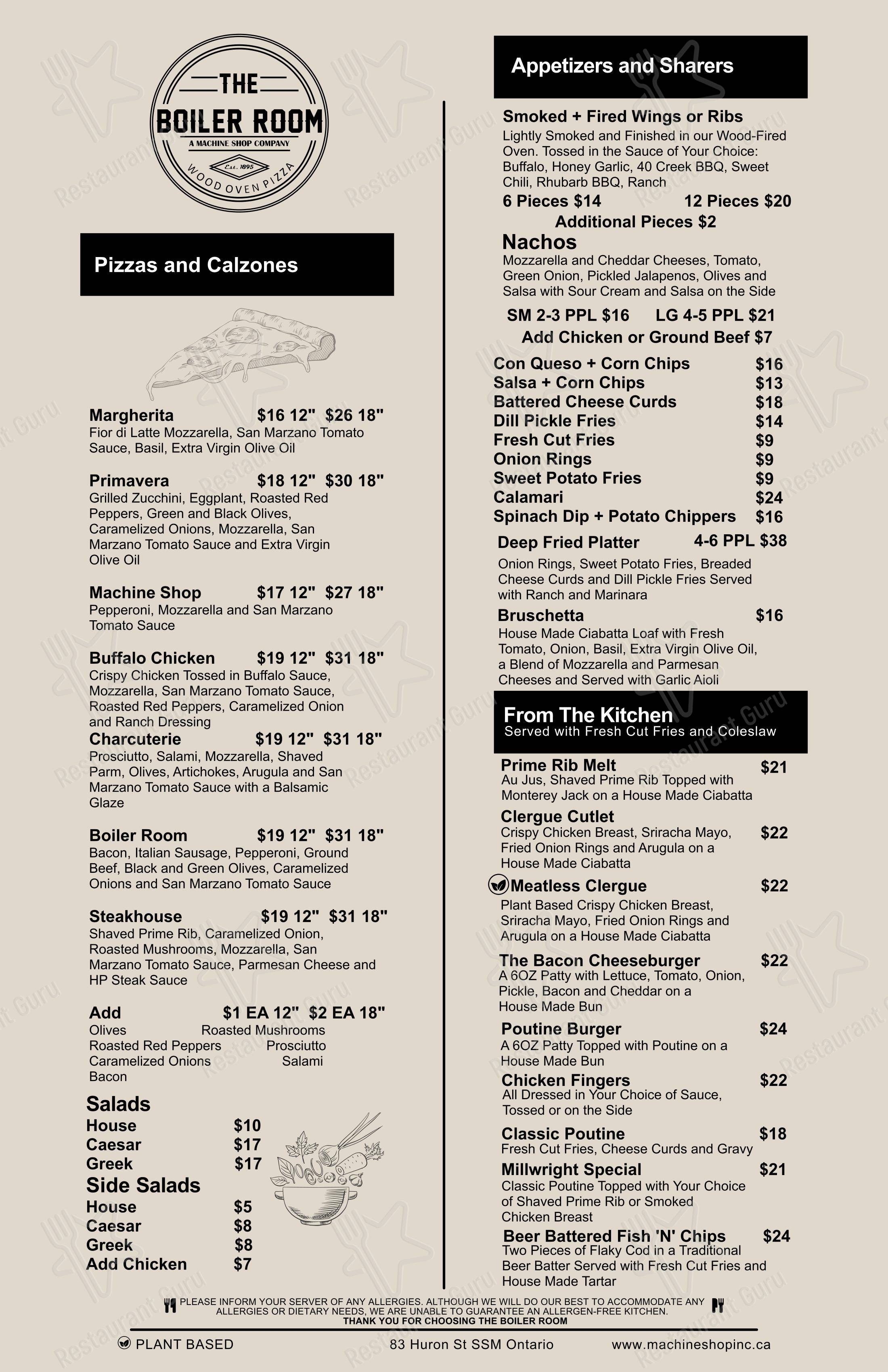 Menu at The Boiler Room pizzeria, Sault Ste. Marie