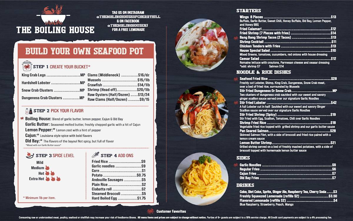 Menu at The Boiling House Seafood Boil Restaurant, Cherry Hill, Marlton ...