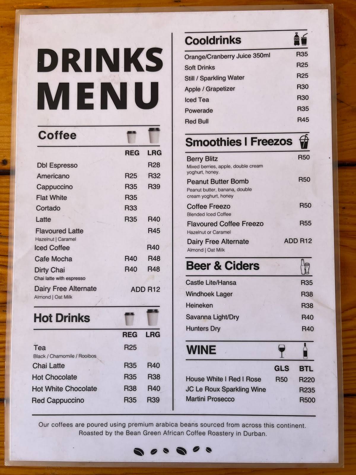 Menu at The Bond Shed, Durban