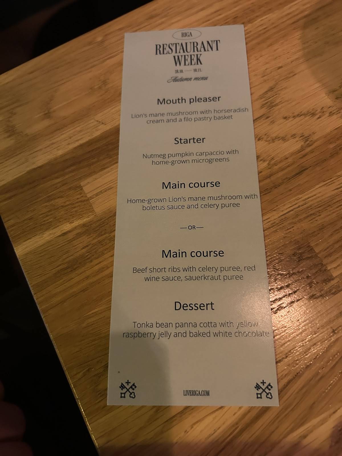 Menu at The Botanist, restorāns restaurant, Riga