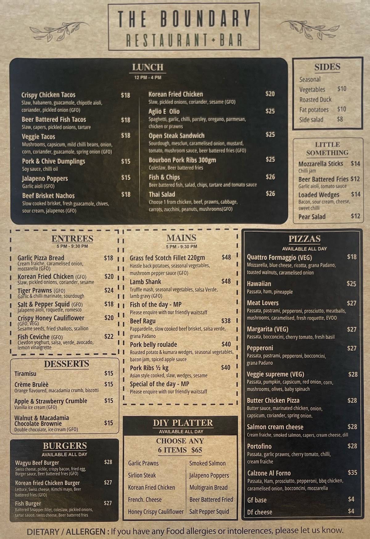 Menu at The Boundary Restaurant + Bar, Hamilton