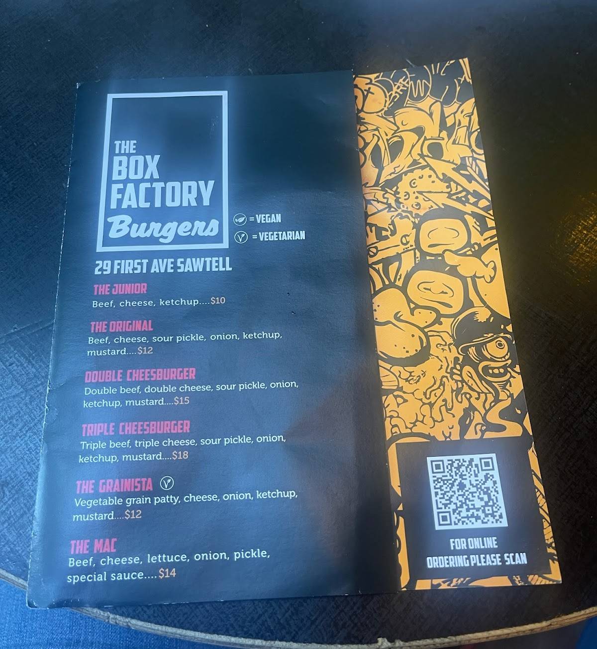 Menu at The Box Factory Burgers restaurant, Sawtell