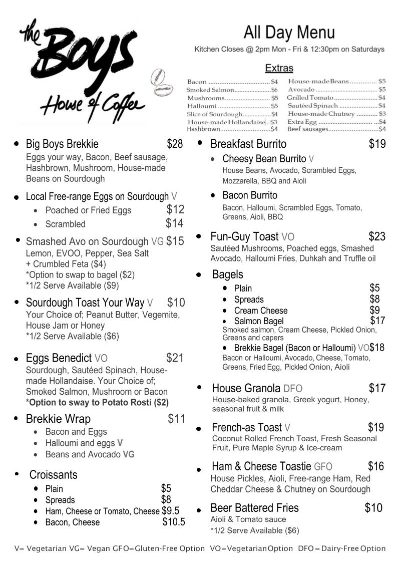 Menu at The Boys House of Coffee cafe, Kelvin Grove, Shop 3/57 Musk Ave