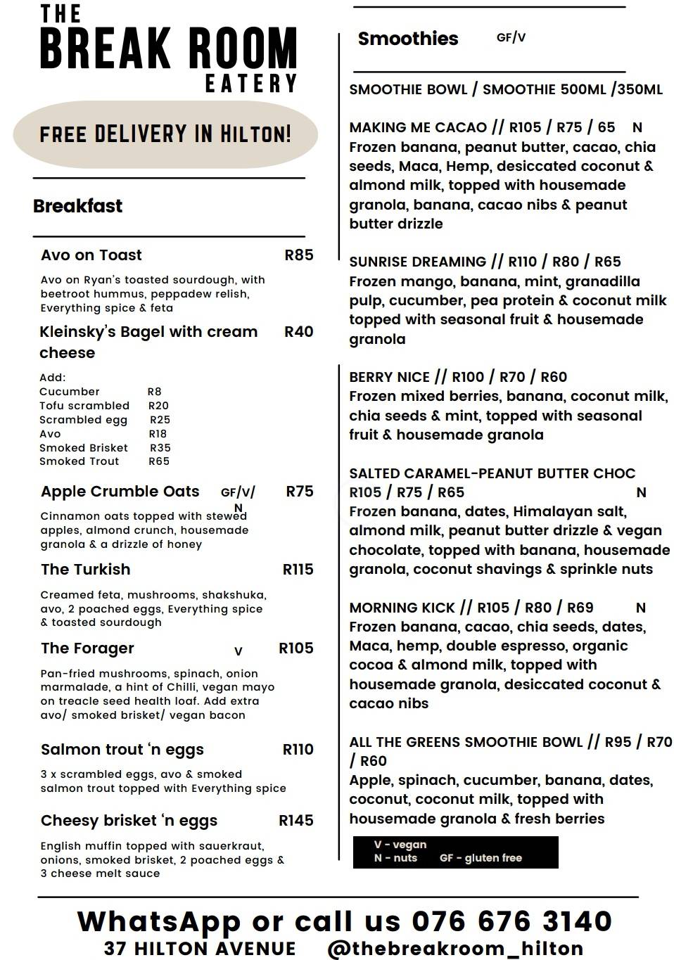 Menu at The Break Room restaurant, Pietermaritzburg