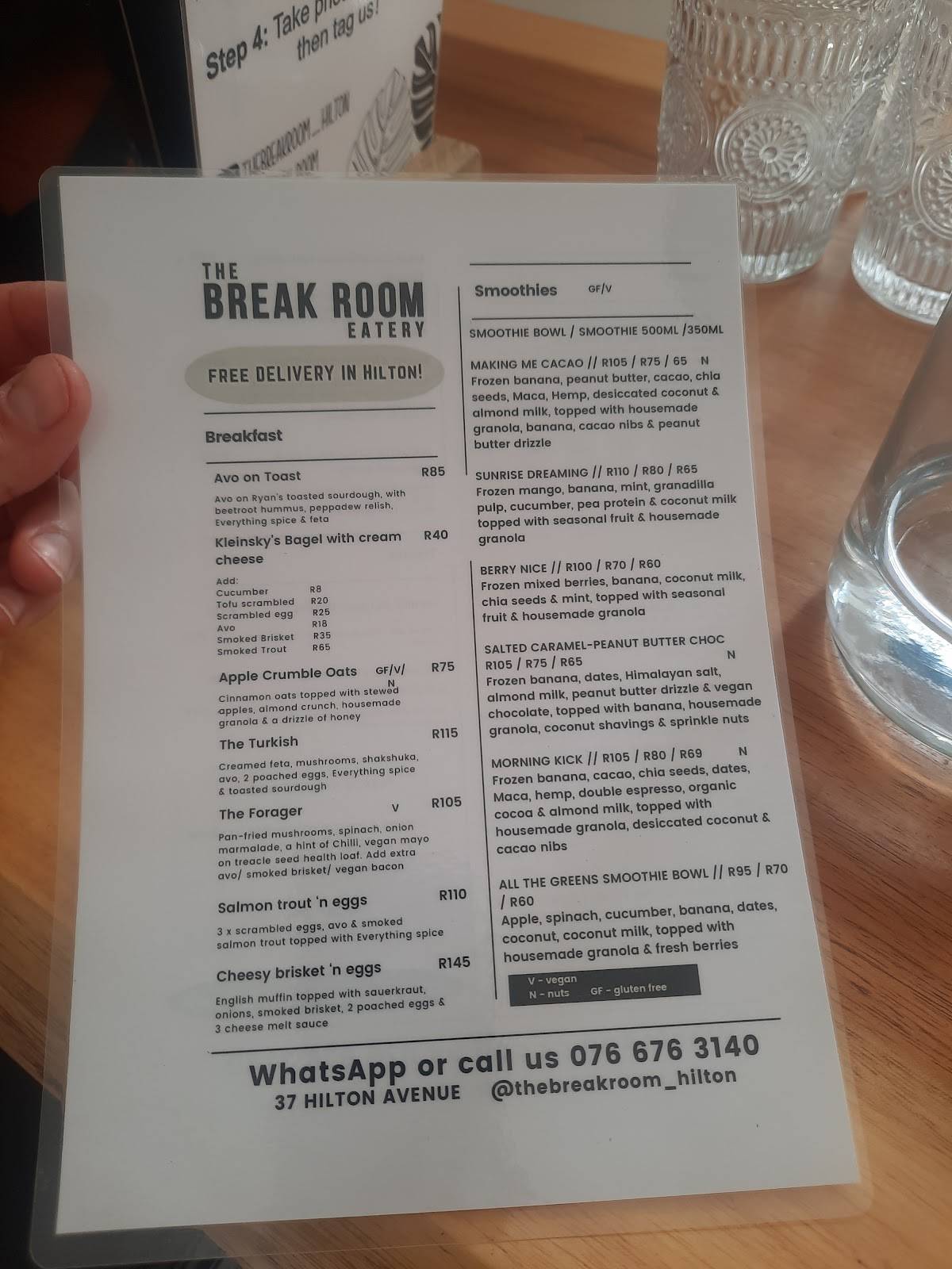 Menu at The Break Room restaurant, Pietermaritzburg