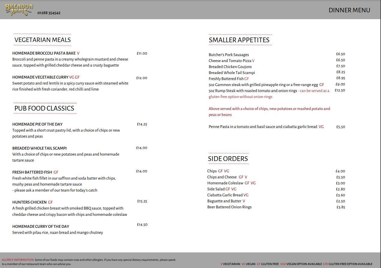 Menu at The Brendon Arms pub & bar, Bude