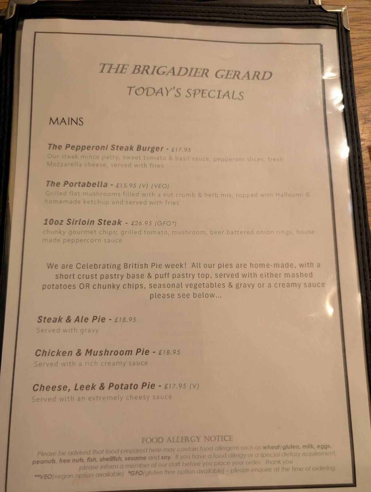 Menu at The Brigadier Gerard pub & bar, Eastleigh