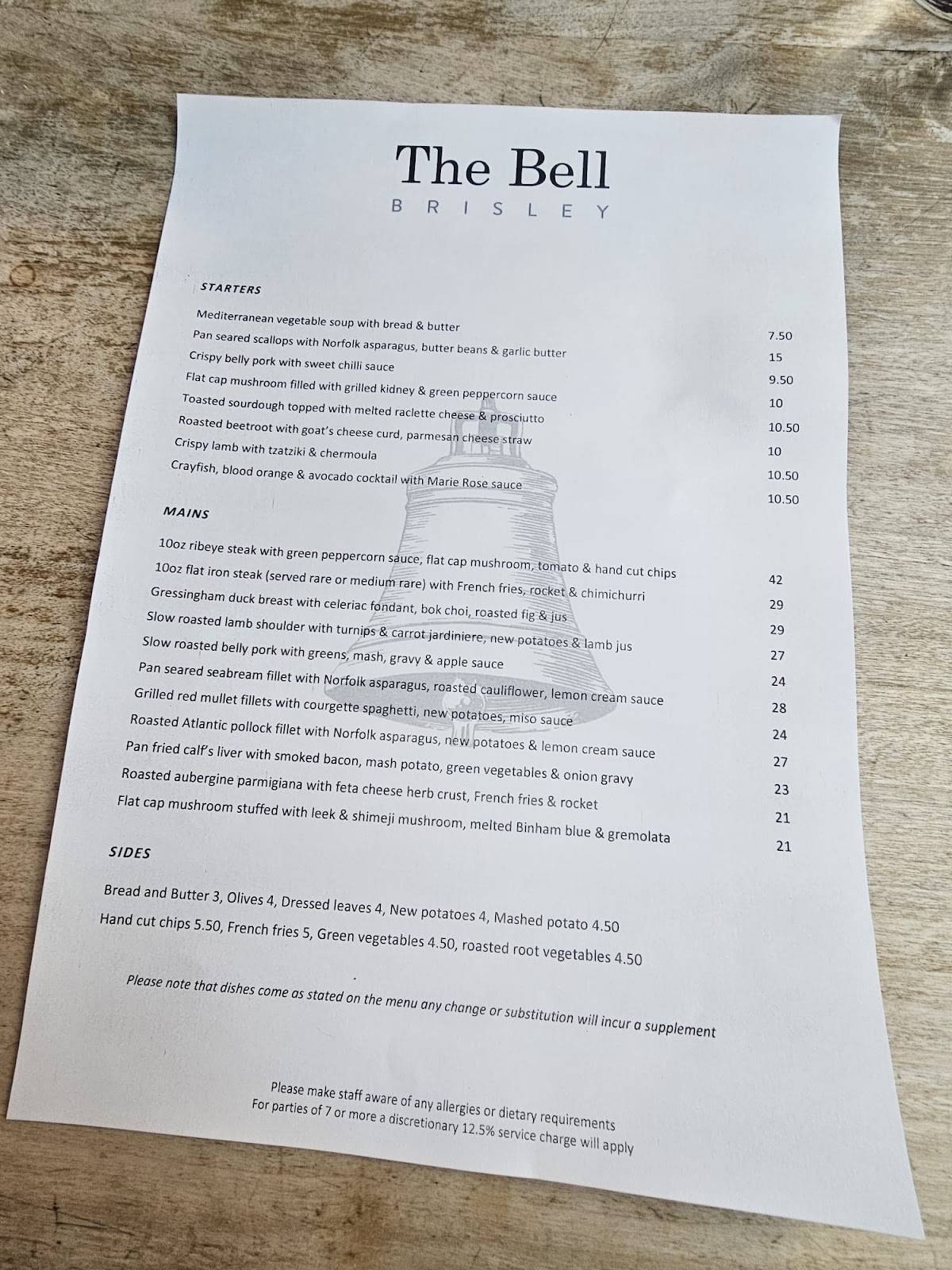 Menu at The Brisley Bell restaurant, Brisley, The Grn
