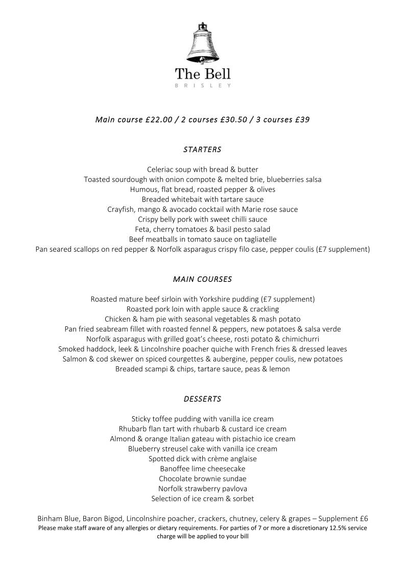 Menu at The Brisley Bell restaurant, Brisley, The Grn