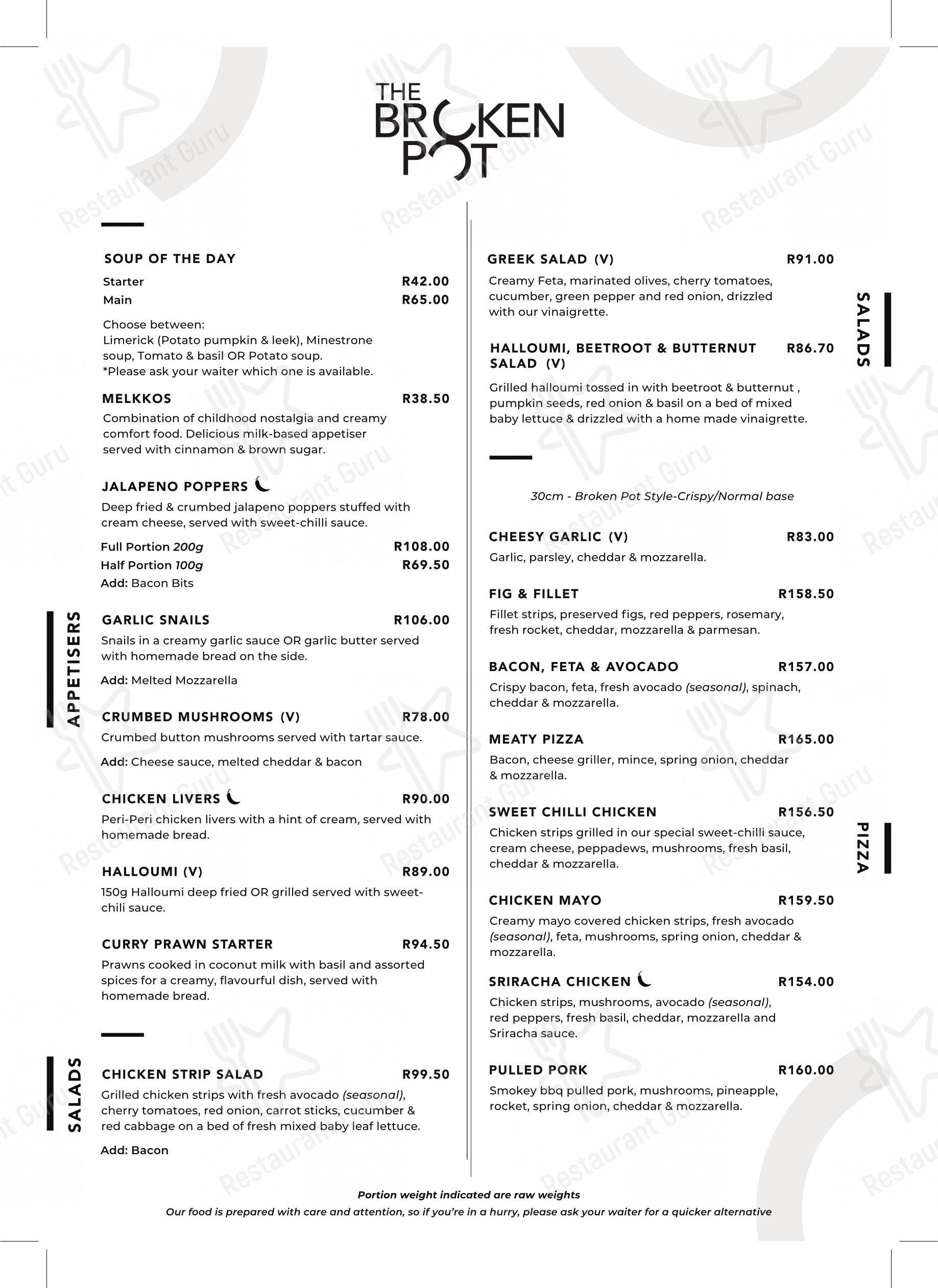 Menu at The Broken Pot restaurant, Potchefstroom