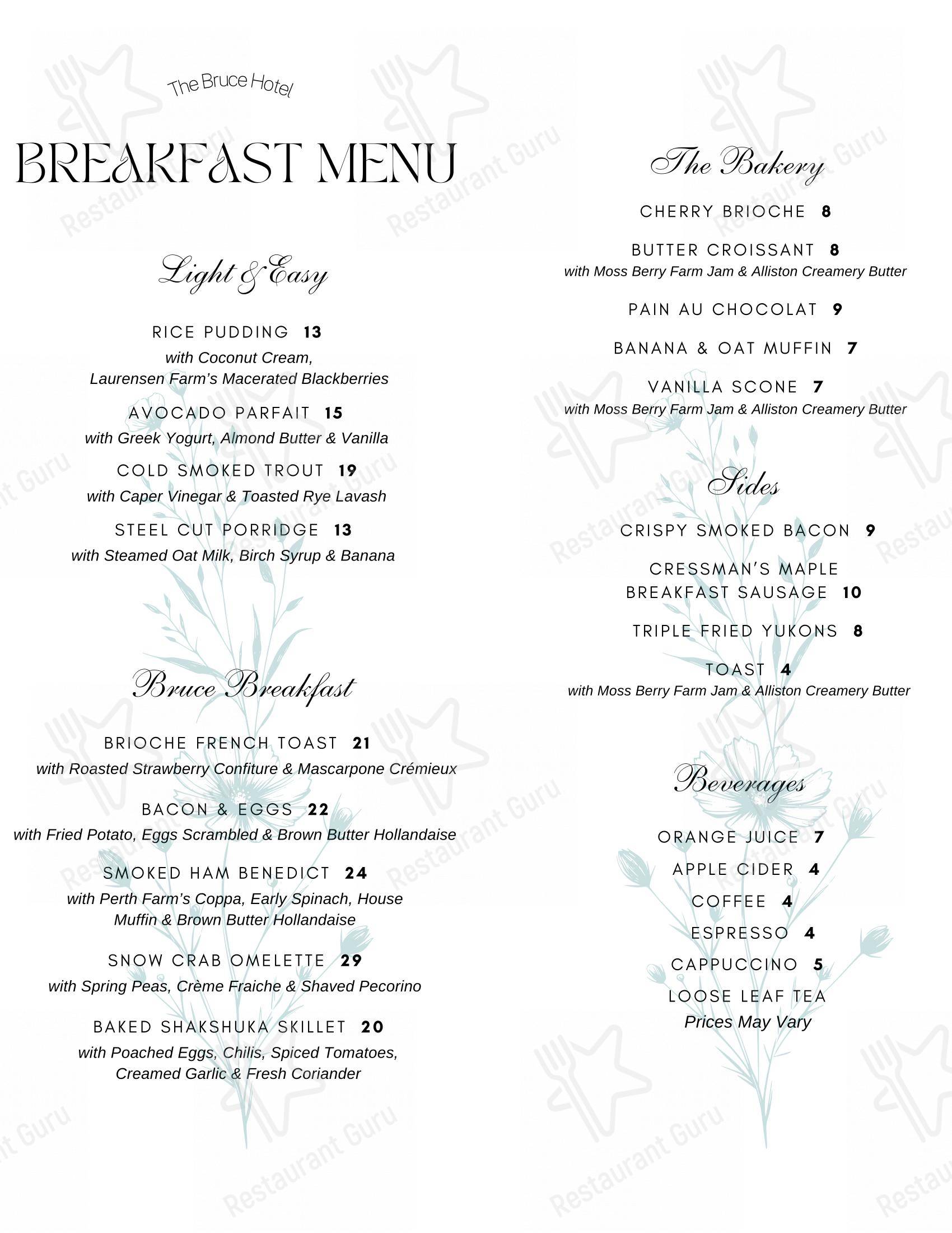 Menu at The Bruce Hotel restaurant, Stratford