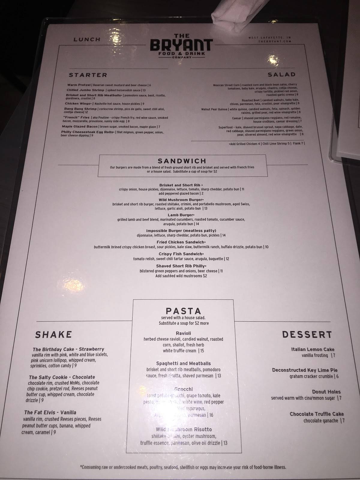 Menu at The Bryant pub & bar, West Lafayette, Sagamore Pkwy W